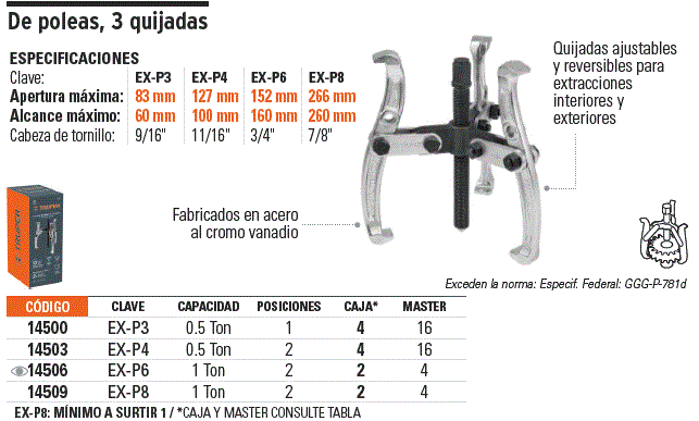 14503 / EX-P4 TRUPER Extractor de poleas, 3 quijadas, 4', Truper